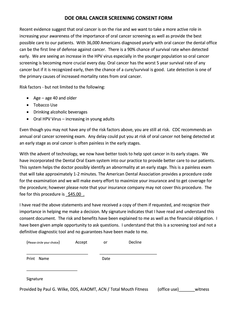 Fillable Online doe oral cancer screening consent form - Total Mouth ...