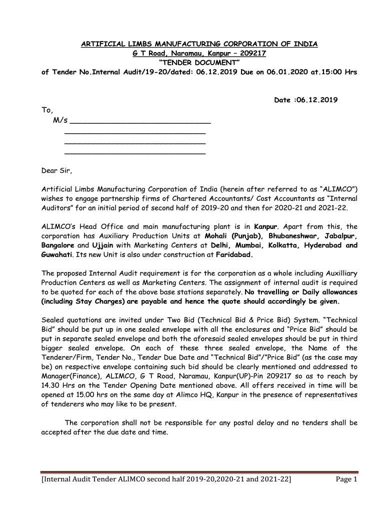 Fillable Online To, M/s ALIMCO has a Head Office and main manufacturing ...