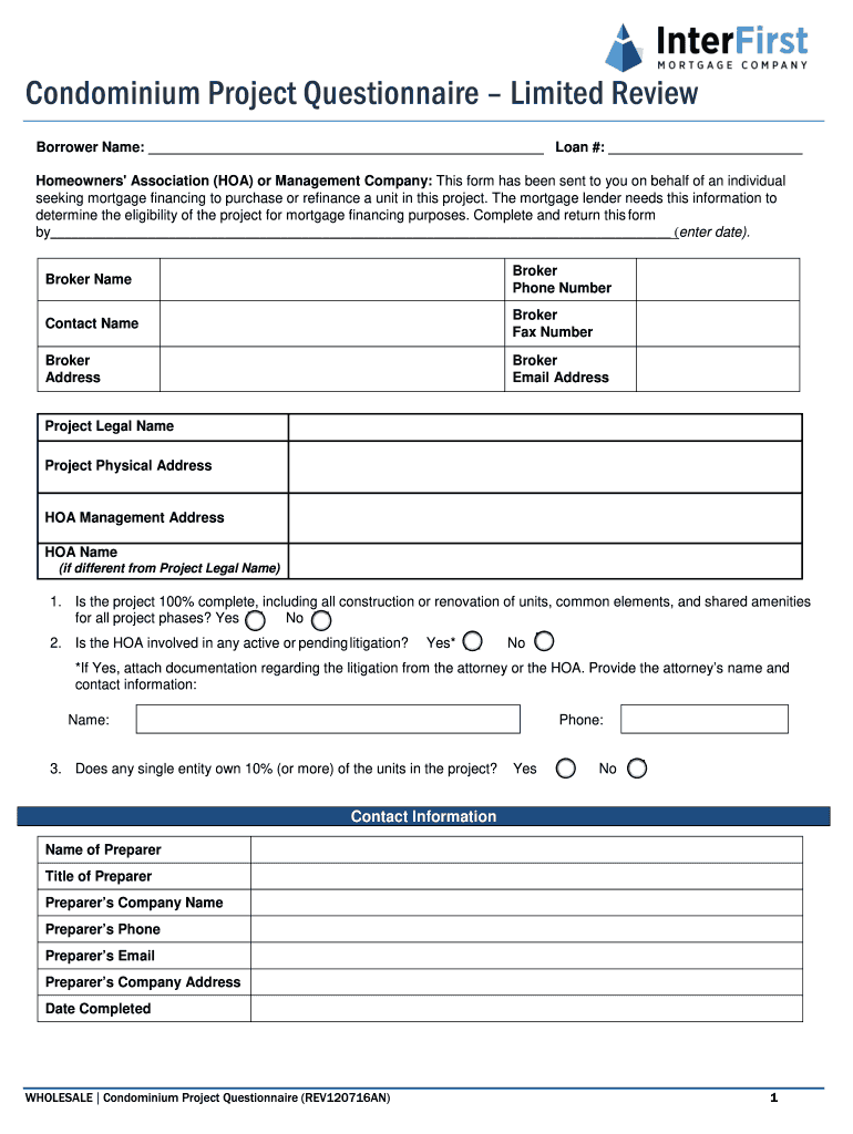 Fillable Online Condominium Project Questionnaire Limited Review Fax Email Print - pdfFiller