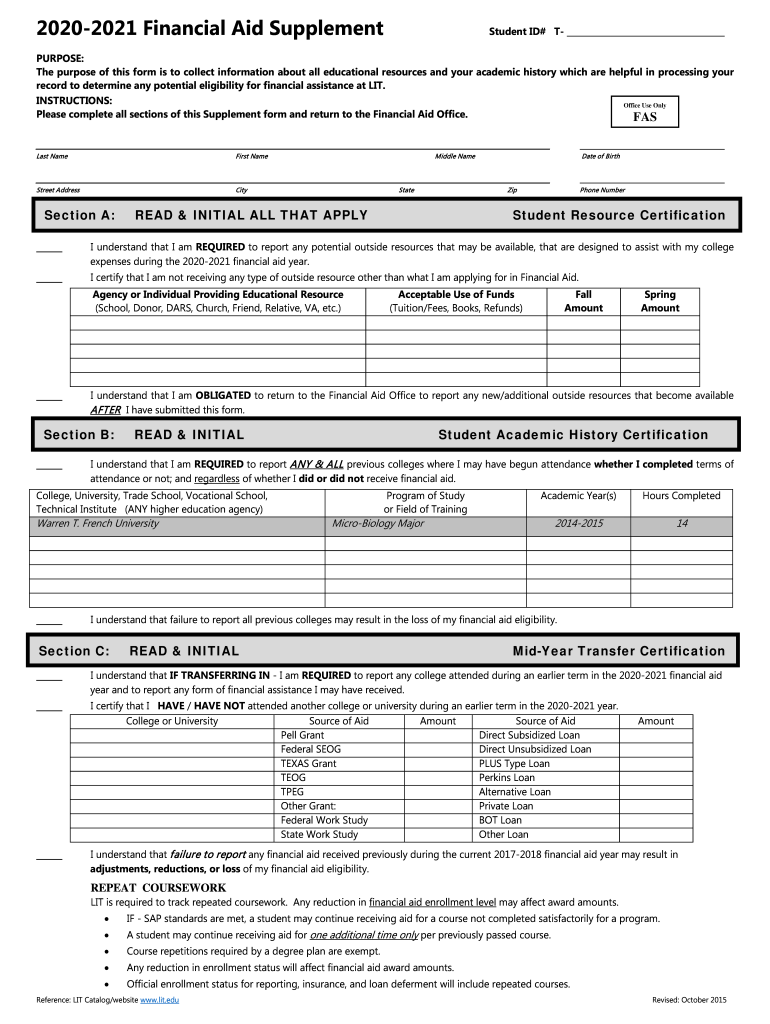 Fillable Online 2020-2021 Financial Aid Supplement Student ID# T ...