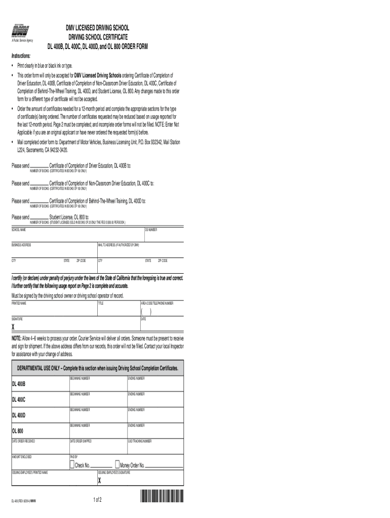 Fillable Online OL 400, DMV Licensed Driving School, Driving School ...