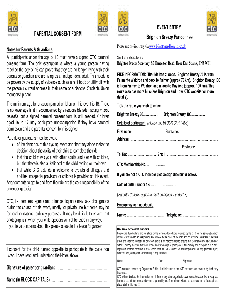 Fillable Online Get the ENTRY FORM FOR EVENTS PARENTAL CONSENT ... Fax ...
