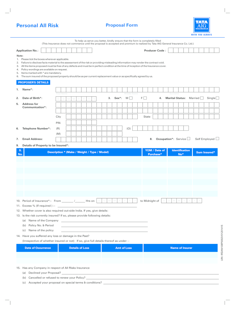 Fillable Online Personal All Risk - PF.cdr Fax Email Print - pdfFiller