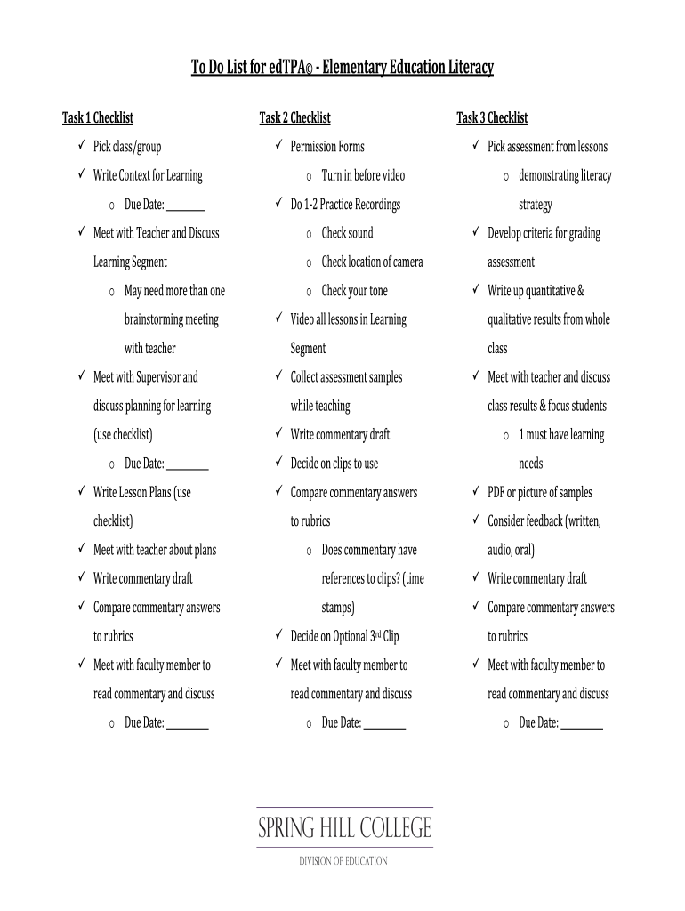 Fillable Online To Do List for edTPA - Elementary Education Literacy ...