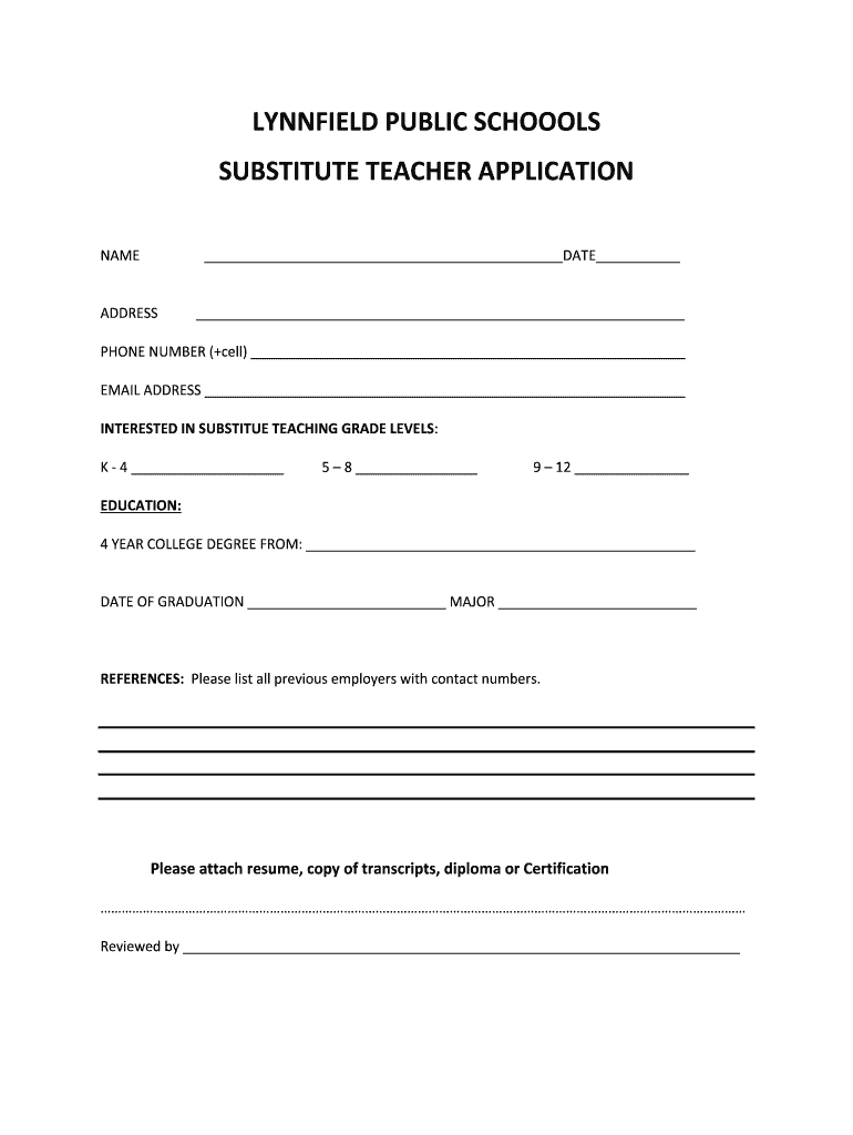 Fillable Online lynnfield public schoools substitute teacher ...