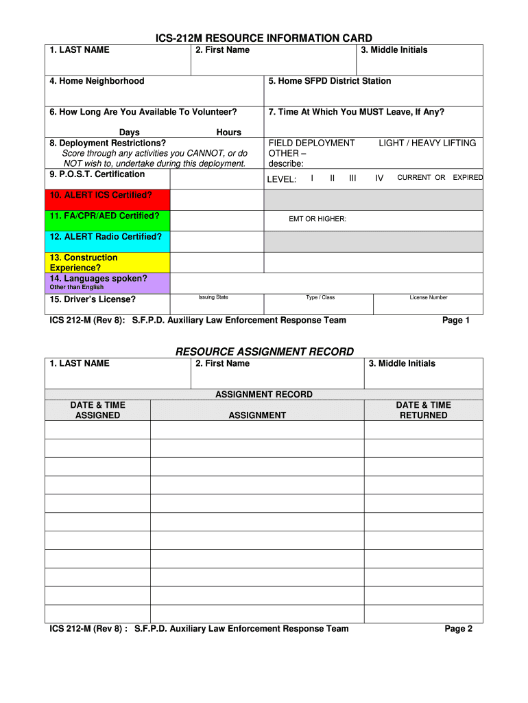 Fillable Online RESOURCE INFORMATION CARD (ICS 212-M) Fax Email Print ...