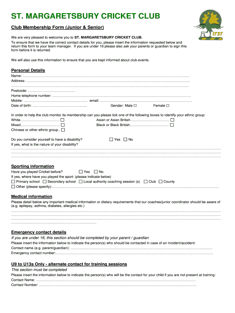 Fillable Online St.Margaretsbury Cricket ClubEnglandCricket Grounds ...