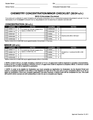 Fillable Online CHEMISTRY CONCENTRATION/MINOR CHECKLIST (30/24 s Fax ...