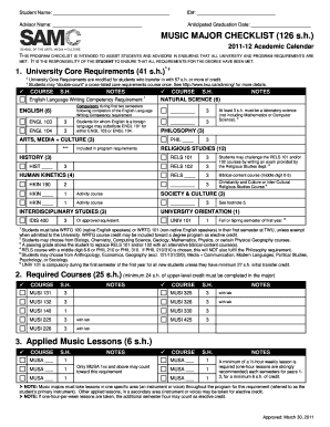 Fillable Online MUSIC MAJOR CHECKLIST (126 s.h.) Fax Email Print ...