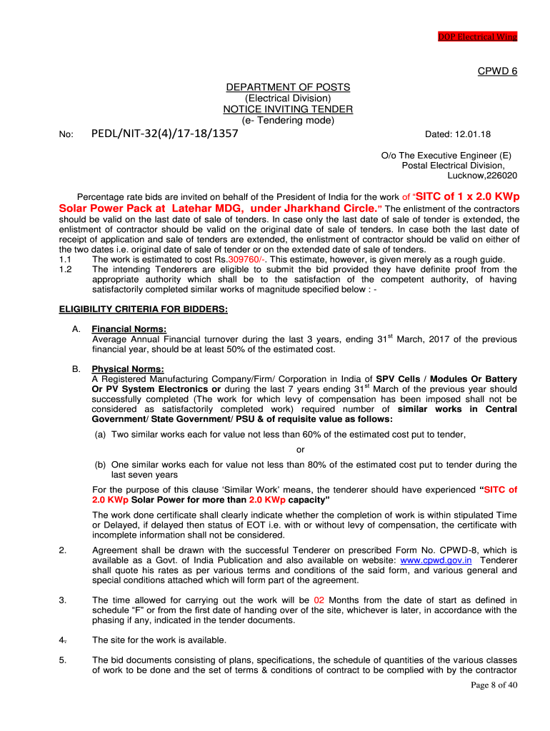Fillable Online CPWD 6 DEPARTMENT OF POSTS (Electrical Division) NOTICE ...