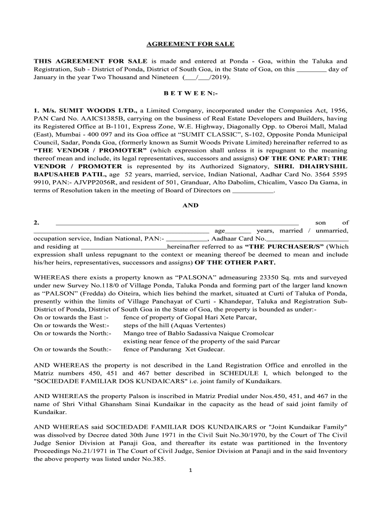Fillable Online Agreement for Sale of a House (Sale Agreement) format ...