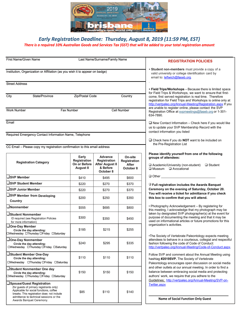 Fillable Online DRAFT SVP 2019 Early Registration Form Fax Email Print ...