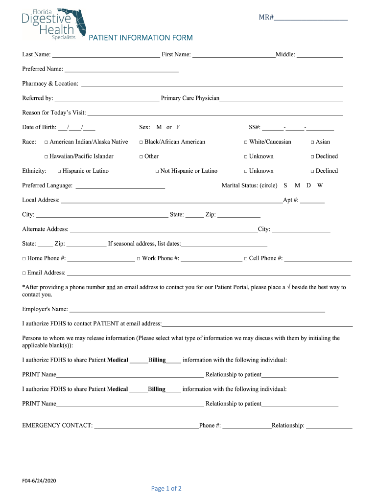 Fillable Online patient information form mr - Florida Digestive Health Fax Email Print - pdfFiller