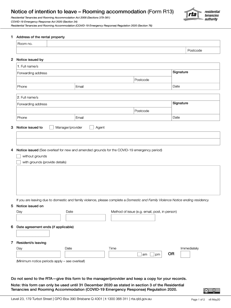 Fillable Online Notice of intention to leave Rooming accommodation ...