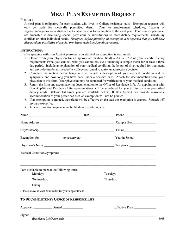 Fillable Online A meal plan is obligatory for each student who lives in ...