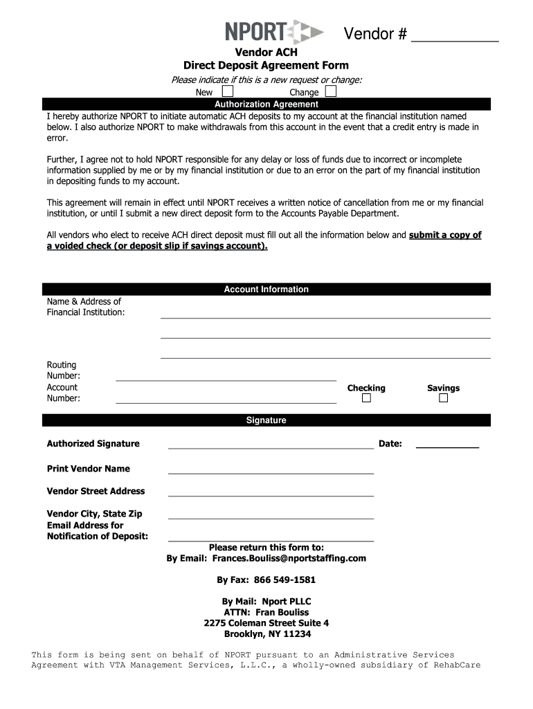 Fillable Online Vendor ACH/Direct Deposit Authorization Form ...