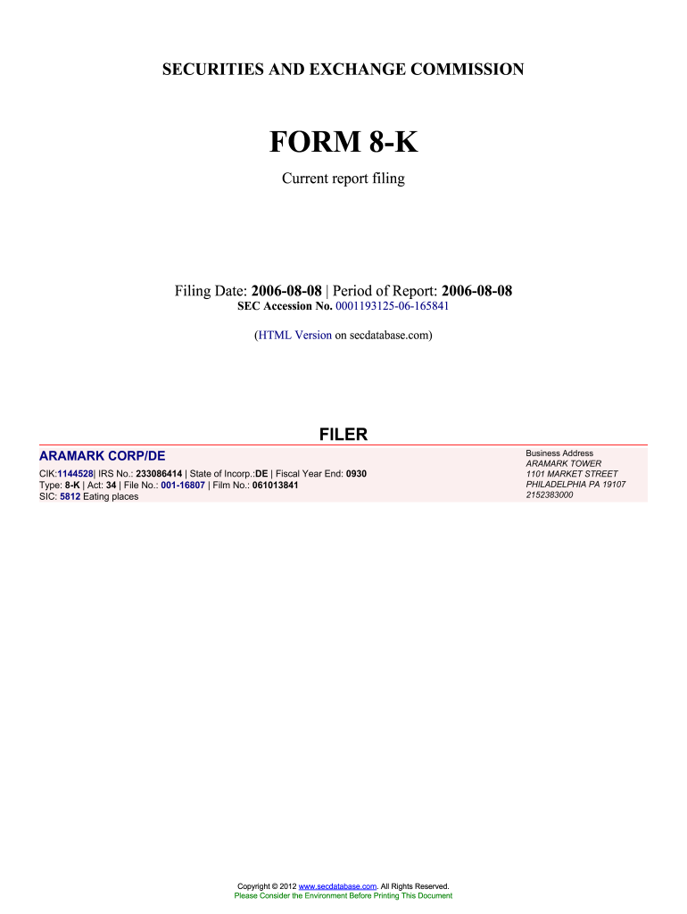 Fillable Online ARAMARK CORP/DE (Form. Accession Number Fax Email Print ...