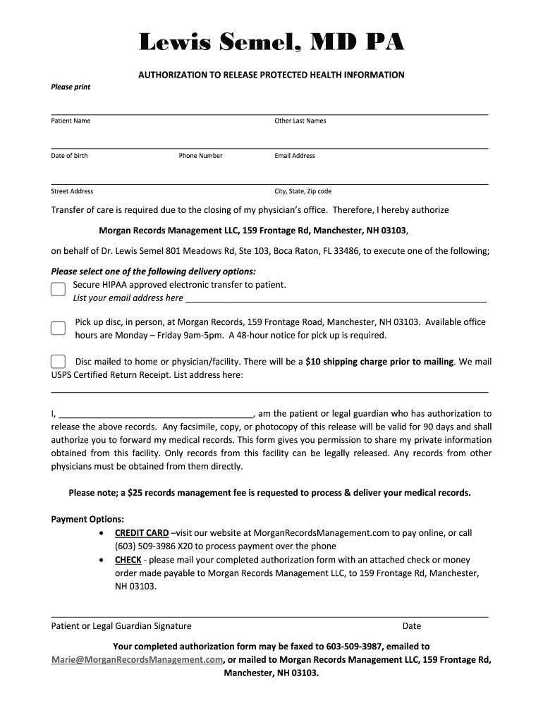 Fillable Online Dr. Semel- Release Form Fax Email Print - pdfFiller