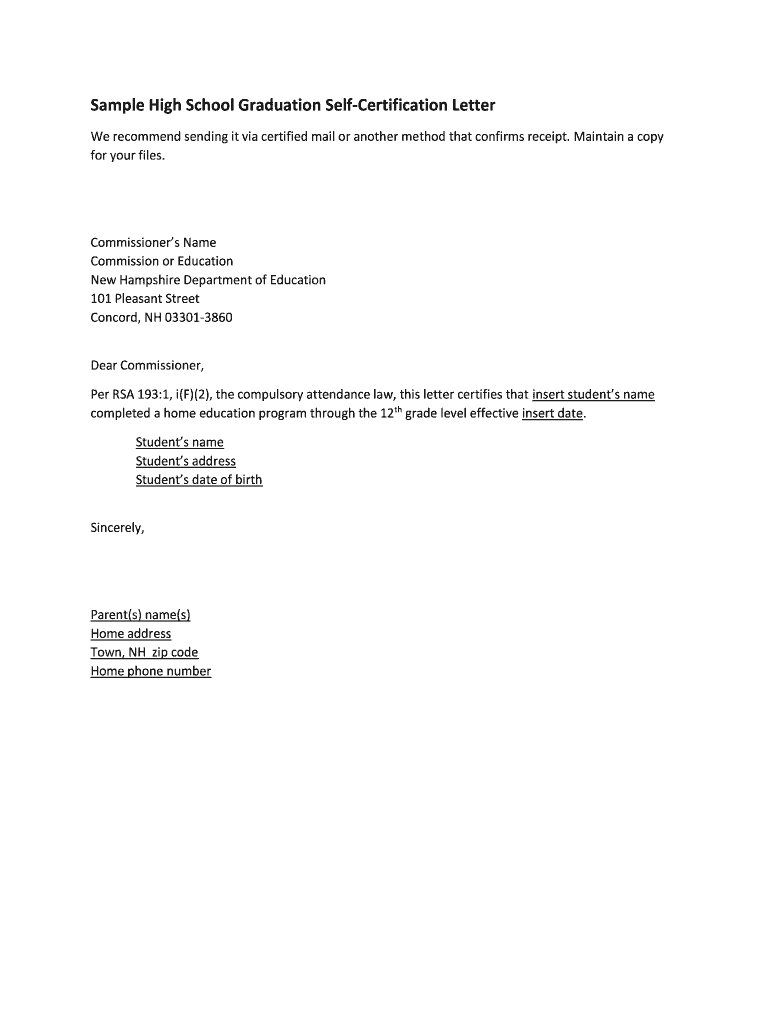 Fillable Online Sample High School Graduation Self-Certification Letter ...