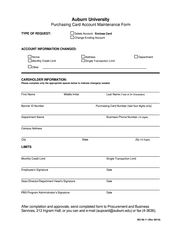Fillable Online Purchasing Card Account Maintenance Form. Purchasing ...