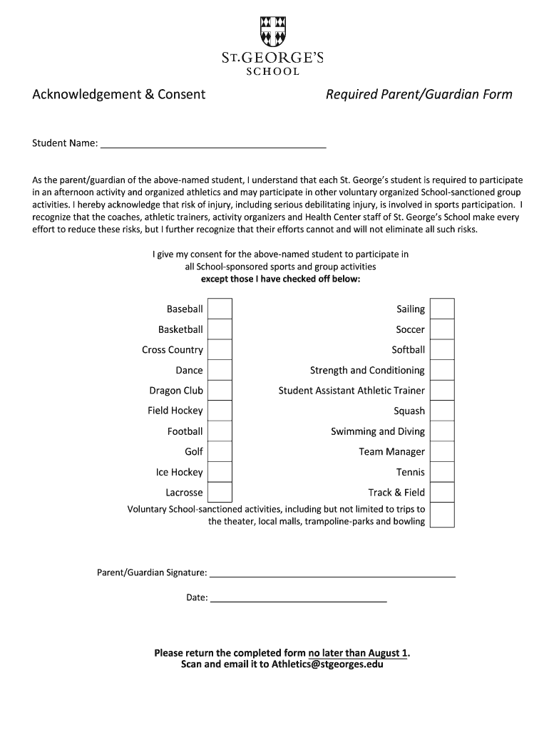 Fillable Online Acknowledgement & Consent Required Parent/Guardian Form ...