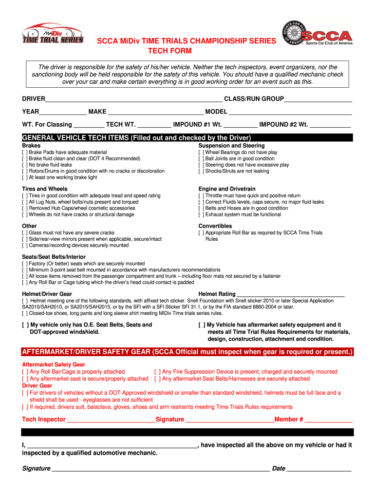 Fillable Online SCCA MiDiv TIME TRIALS CHAMPIONSHIP SERIES TECH FORM ...