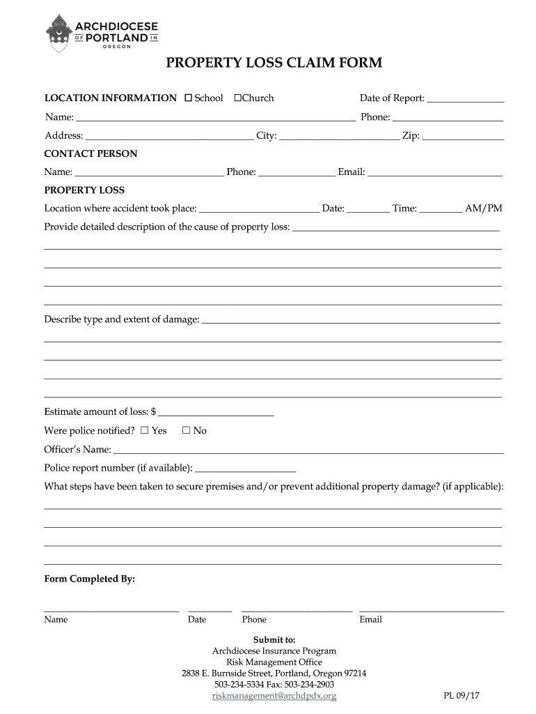Fillable Online property loss claim form - Archdiocese of Portland Fax ...