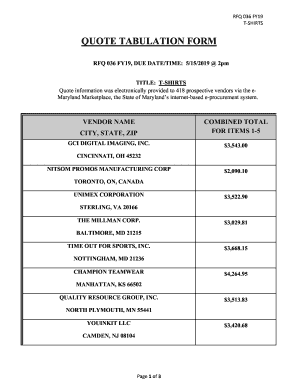 Fillable Online rfq 036 fy19 quote tabulation form Fax Email Print ...