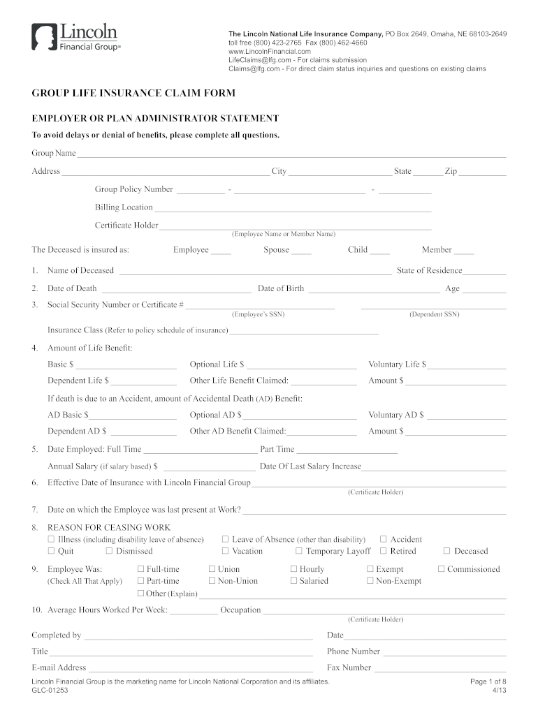 Fillable Online Group Life Insurance Claim Form - Professional Group ...