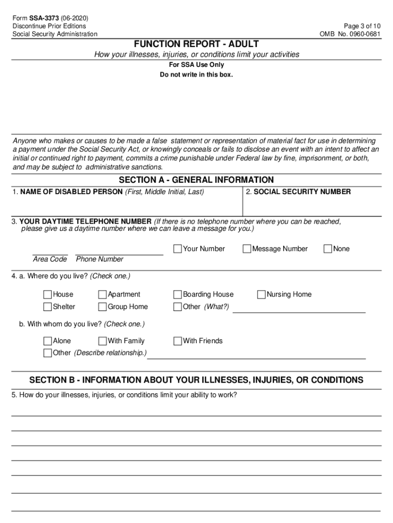 Function Report Adult Function Report Adult Form SSA 3373 BK Fill 