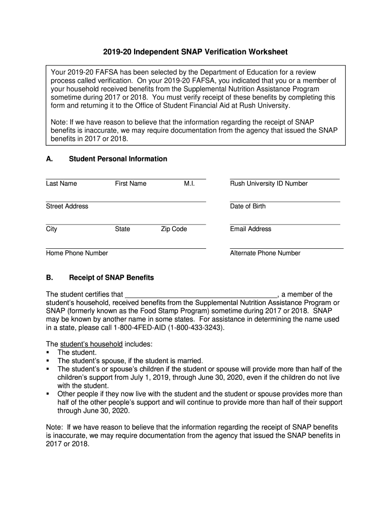 Fillable Online 2019-20 Independent SNAP Verification Worksheet Fax ...