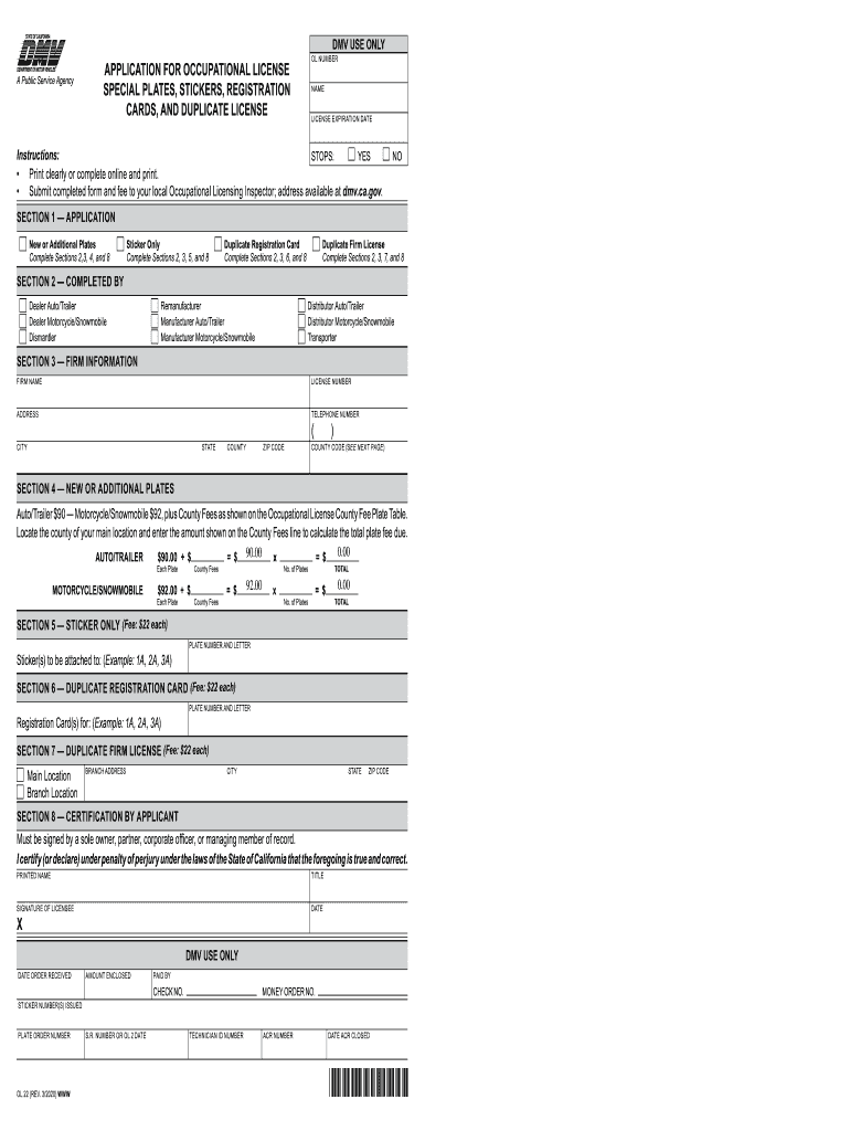 Fillable Online OL 22; Application for Occupational License Special ...