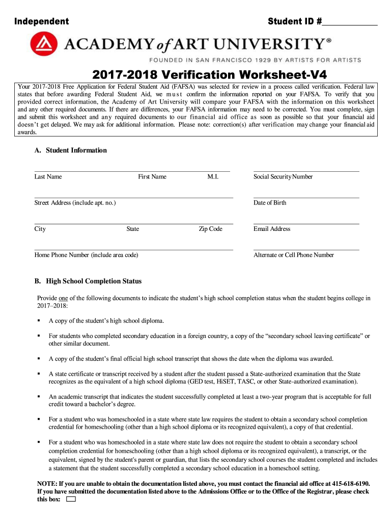 Fillable Online Academy of Art University - 2017-2018 Verification ...
