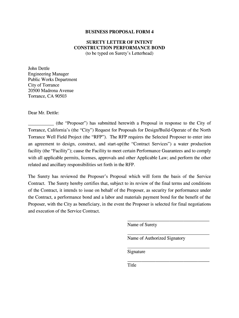 Fillable Online BUSINESS PROPOSAL FORM 4 SURETY LETTER OF INTENT ...