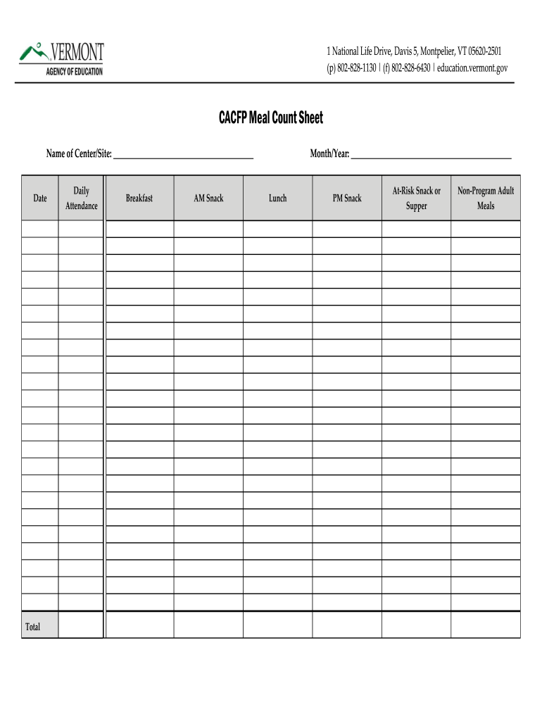 Fillable Online Meal Count Sheet Fax Email Print - pdfFiller
