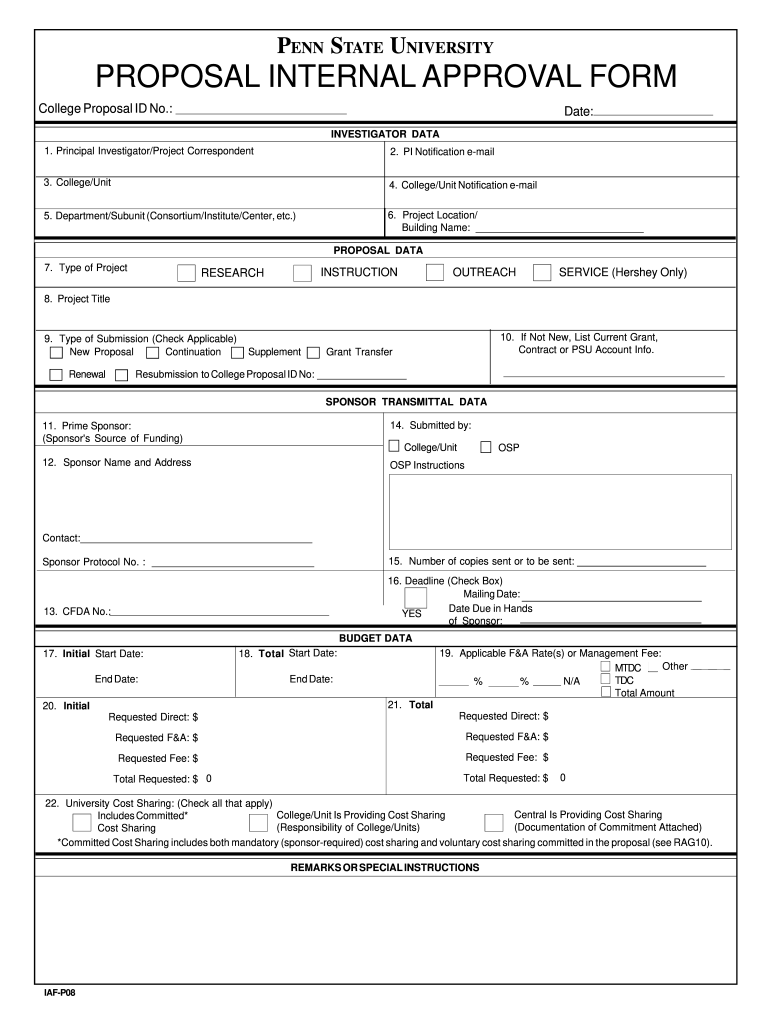 Fillable Online PROPOSAL INTERNAL APPROVAL FORM Fax Email Print - pdfFiller