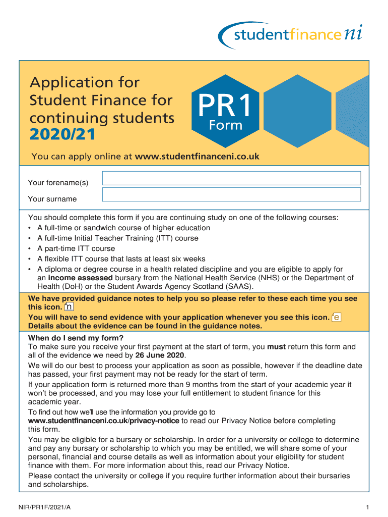 Fillable Online SFNI PR1 Form 20/21 - Student Finance NI Fax Email ...