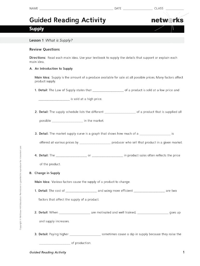 Guided Reading Activity Lesson 1 What Is Supply Answer Key - Fill ...