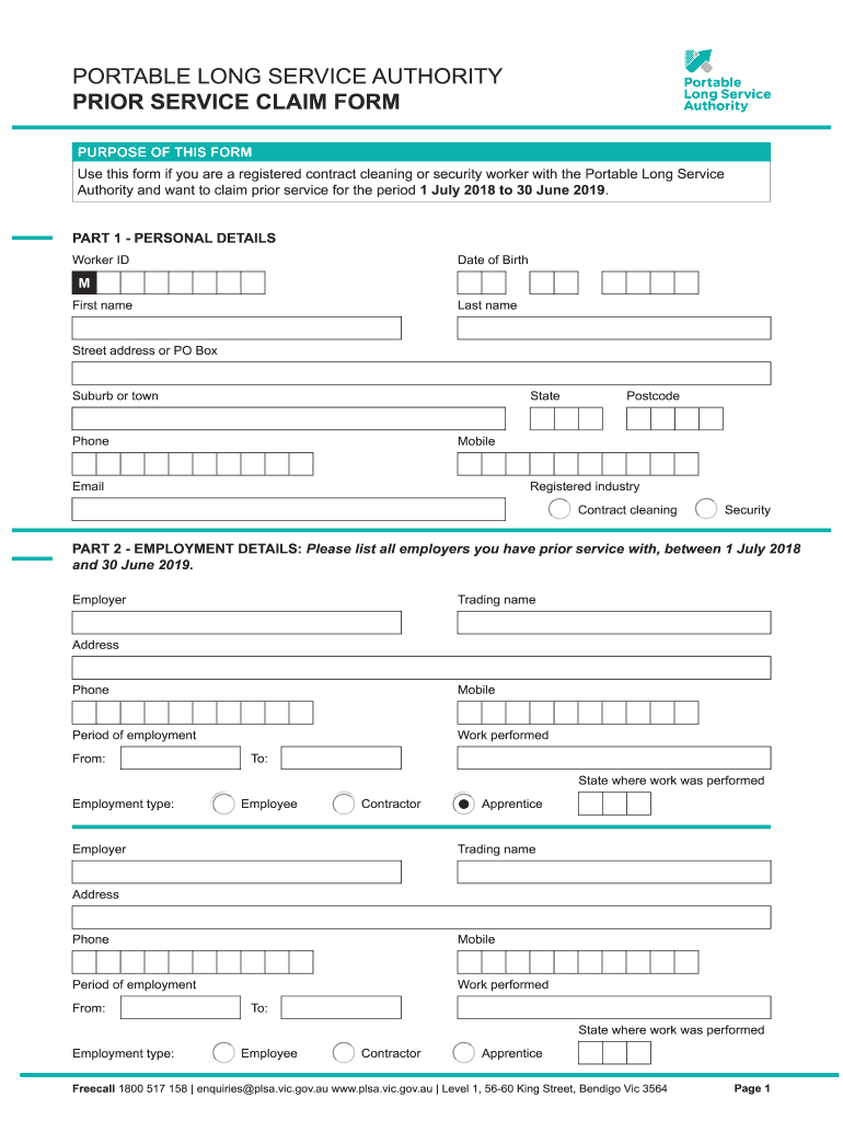 Fillable Online PORTABLE LONG SERVICE AUTHORITY PRIOR SERVICE CLAIM ...