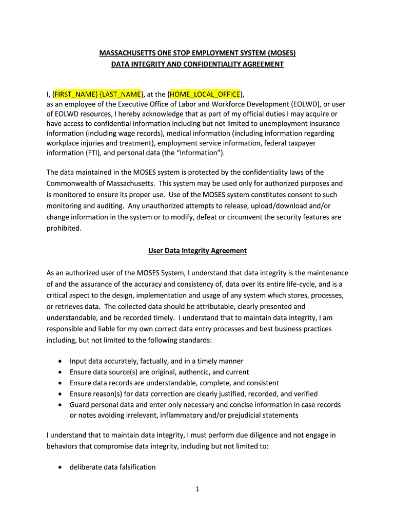Massachusetts Data Integrity and Confidentiality Agreement - Blank ...