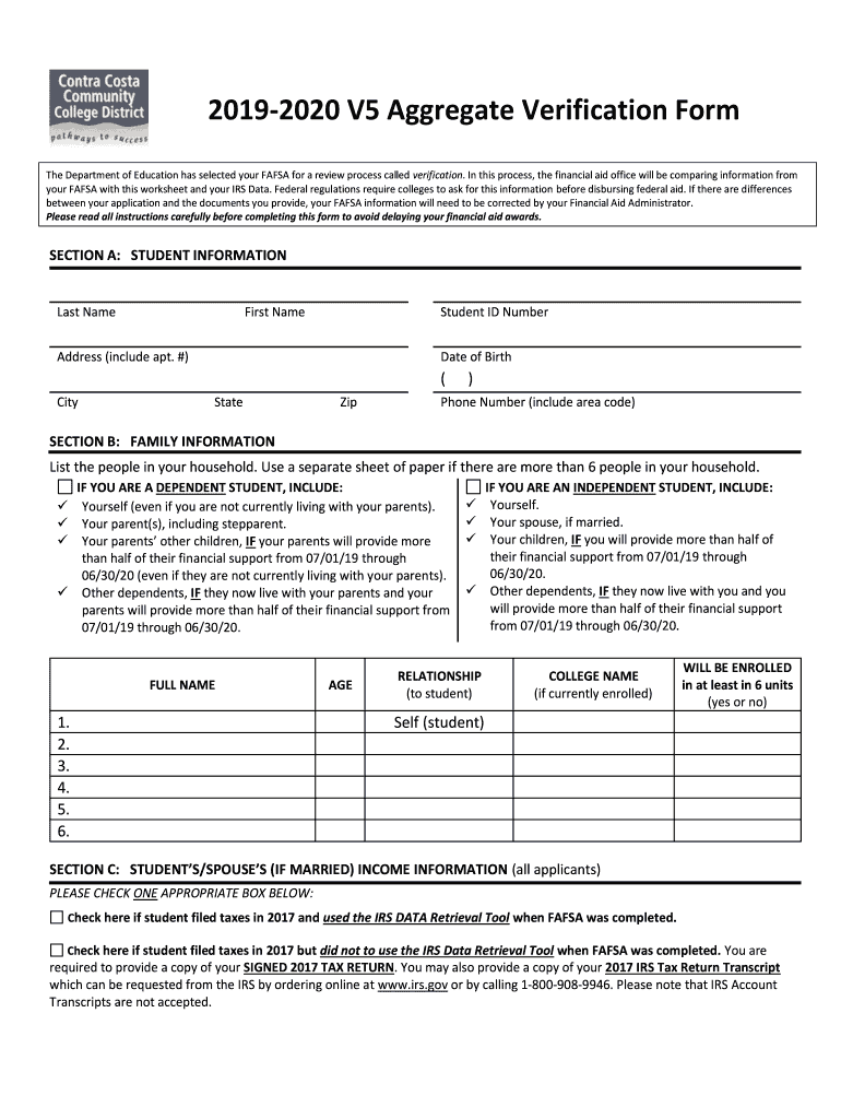 Fillable Online 2019-2020 V5 Aggregate Verification Form Fax Email Print - pdfFiller