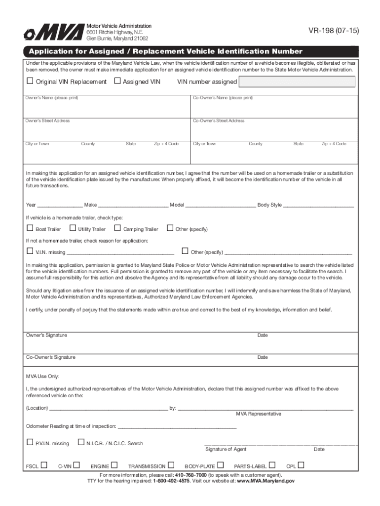 Fillable Online mva maryland VR-198 Application for Assigned Vehicle ...