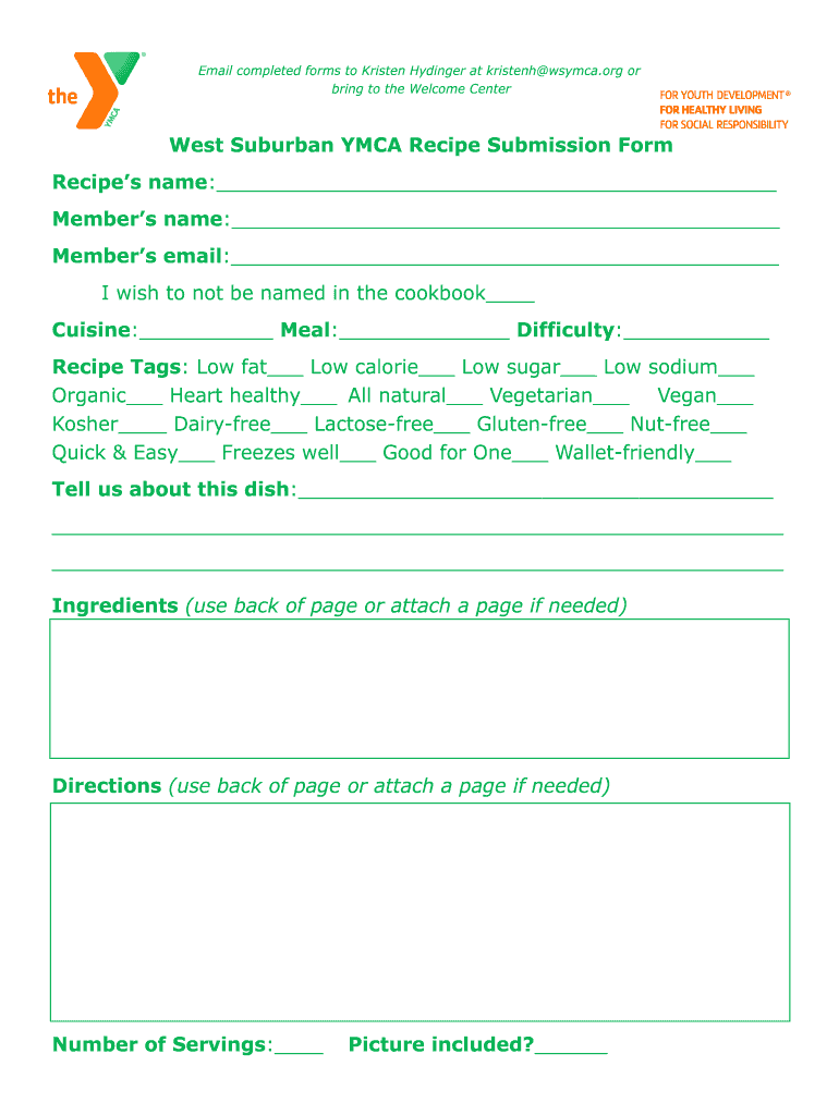 Fillable Online West Suburban YMCA Recipe Submission Form Fax Email ...