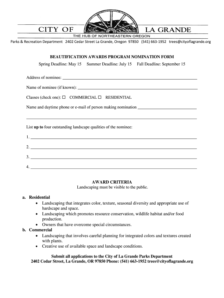 Fillable Online BEAUTIFICATION AWARDS PROGRAM NOMINATION FORM Fax Email Print - pdfFiller