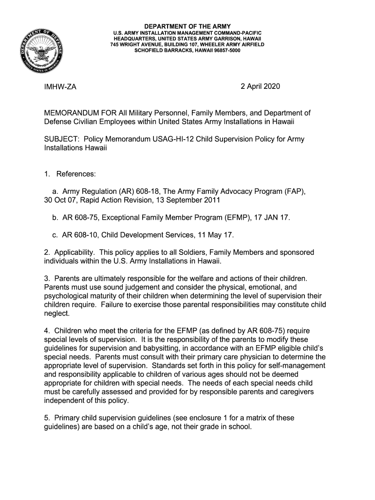 Fillable Online UPDATED 3-04-20 Policy Memo Child Supervision Policy ...