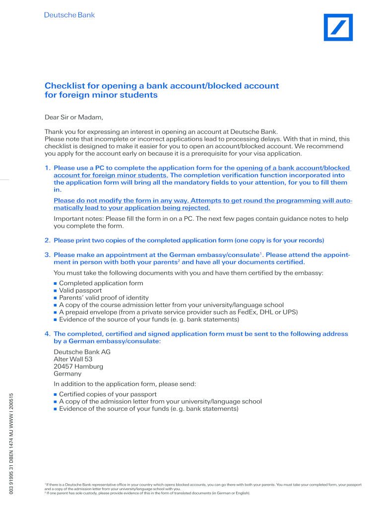 Fillable Online Checklist for opening a bank account/blocked account ...