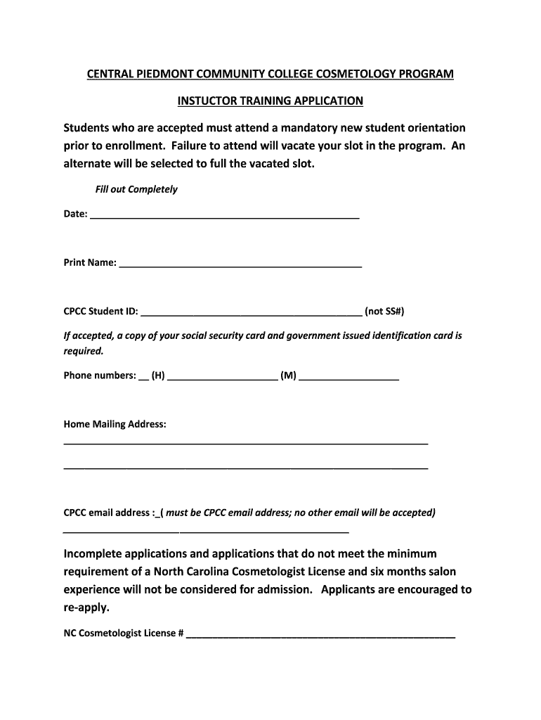 Fillable Online CENTRAL PIEDMONT COMMUNITY COLLEGE ... - Cpcc Fax Email Print - pdfFiller