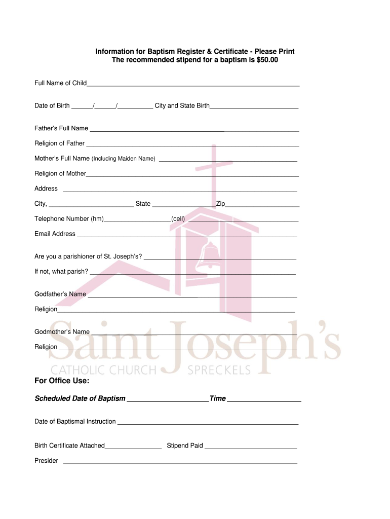 Fillable Online Information for Baptism Register & Certificate - Please ...