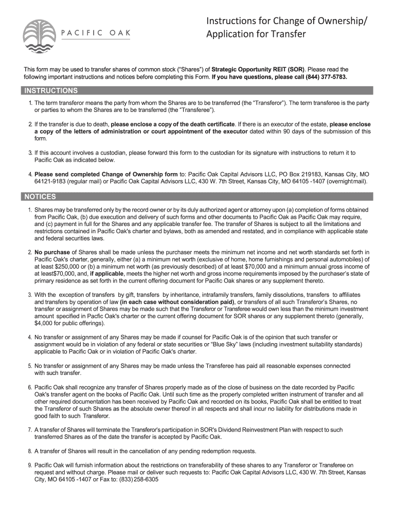 Fillable Online SOR I Change of Ownership-Application for Transfer Form ...