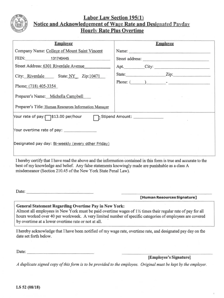 Fillable Online Notice for Hourly Rate Employees - Department of Labor ...